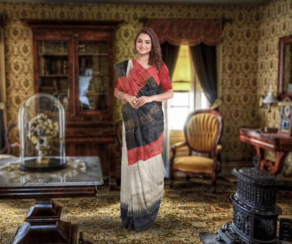 Ghicha Silk Handloom Tussar Black Red with BP