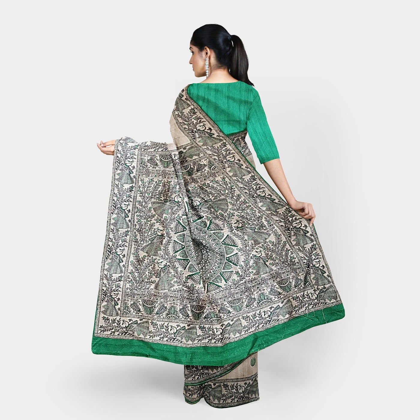 Ghicha Silk Handloom Tussar Green Madhubani witgh BP