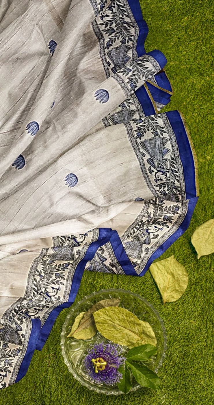 Ghicha Silk Handloom Tussar Blue Madhubani with BP