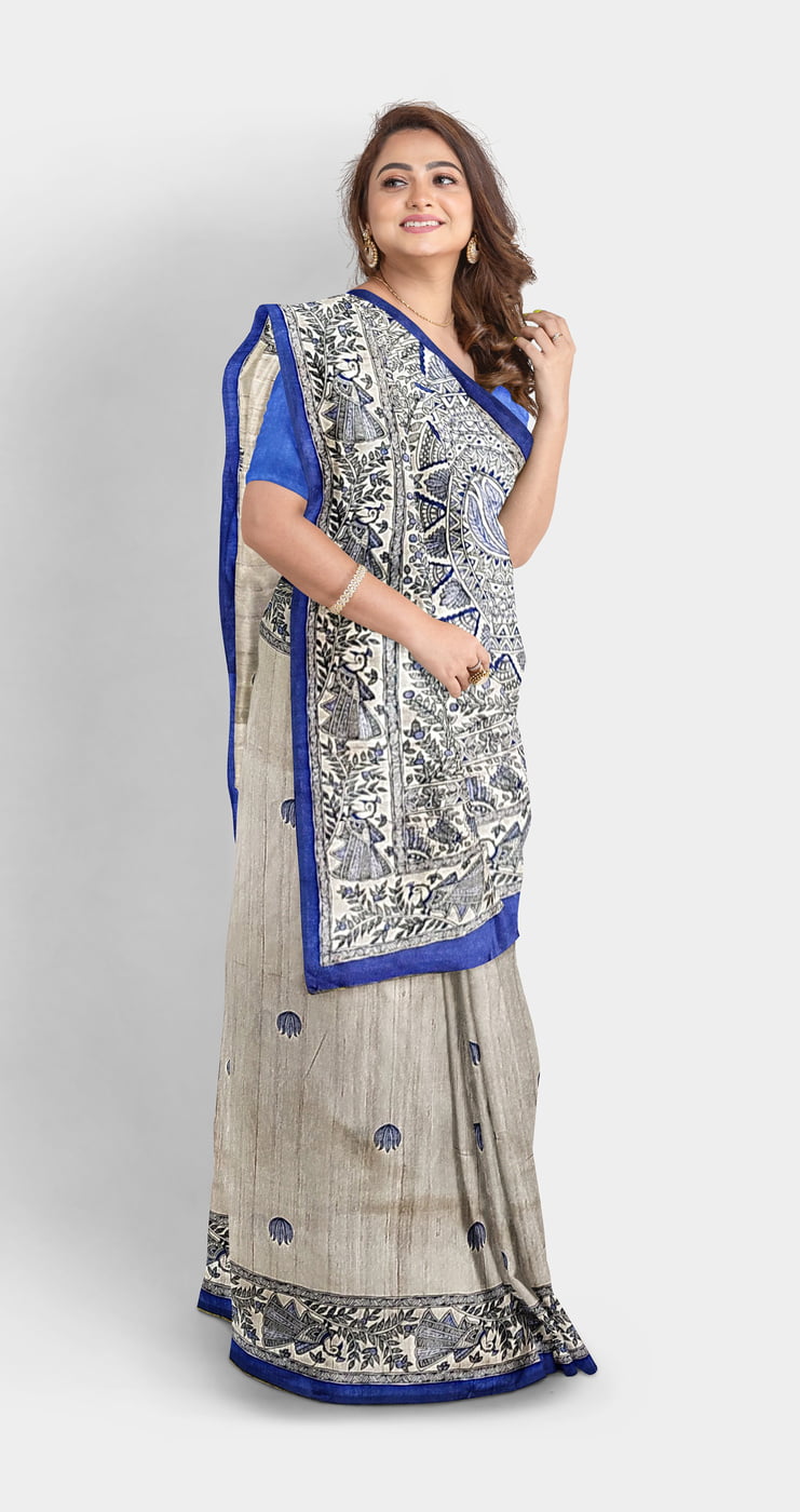 Ghicha Silk Handloom Tussar Blue Madhubani with BP