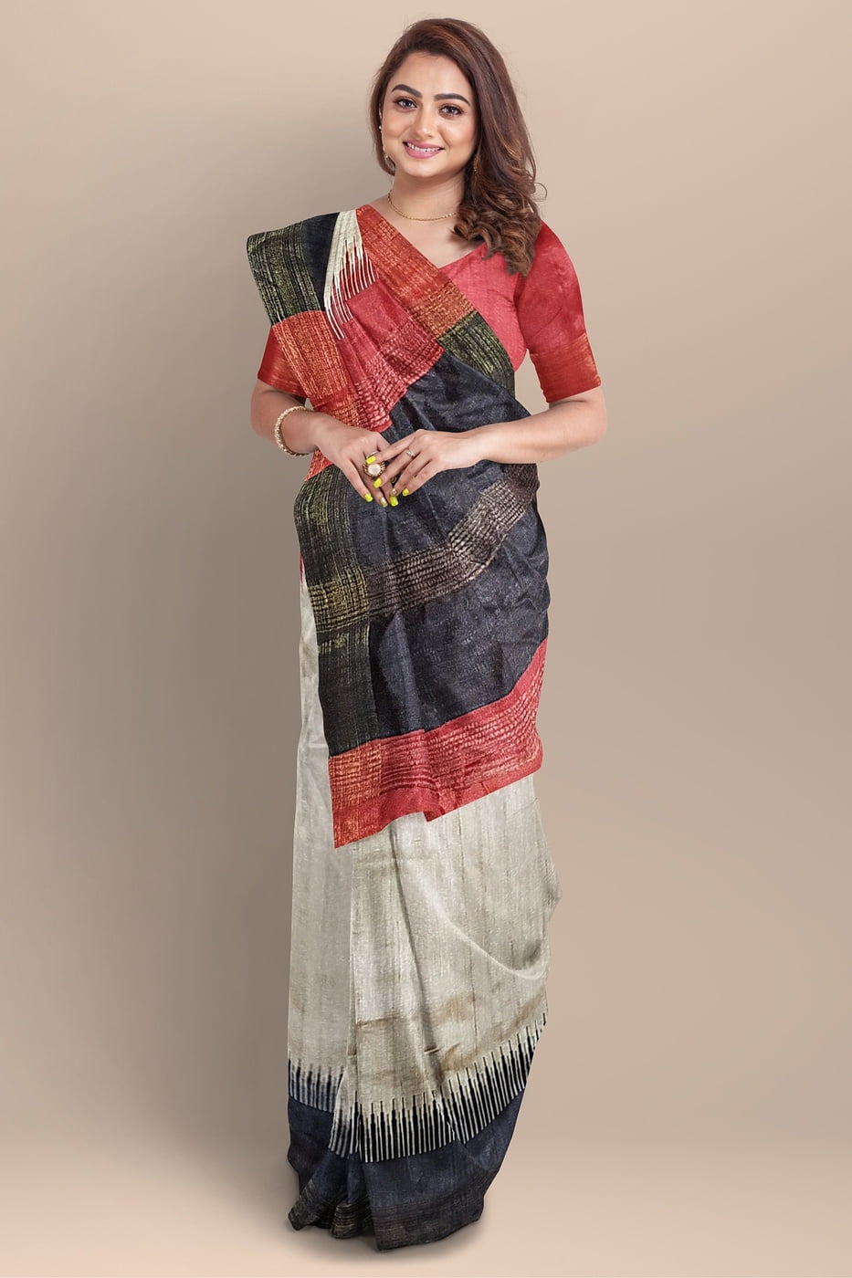 Ghicha Silk Handloom Tussar Black Red with BP