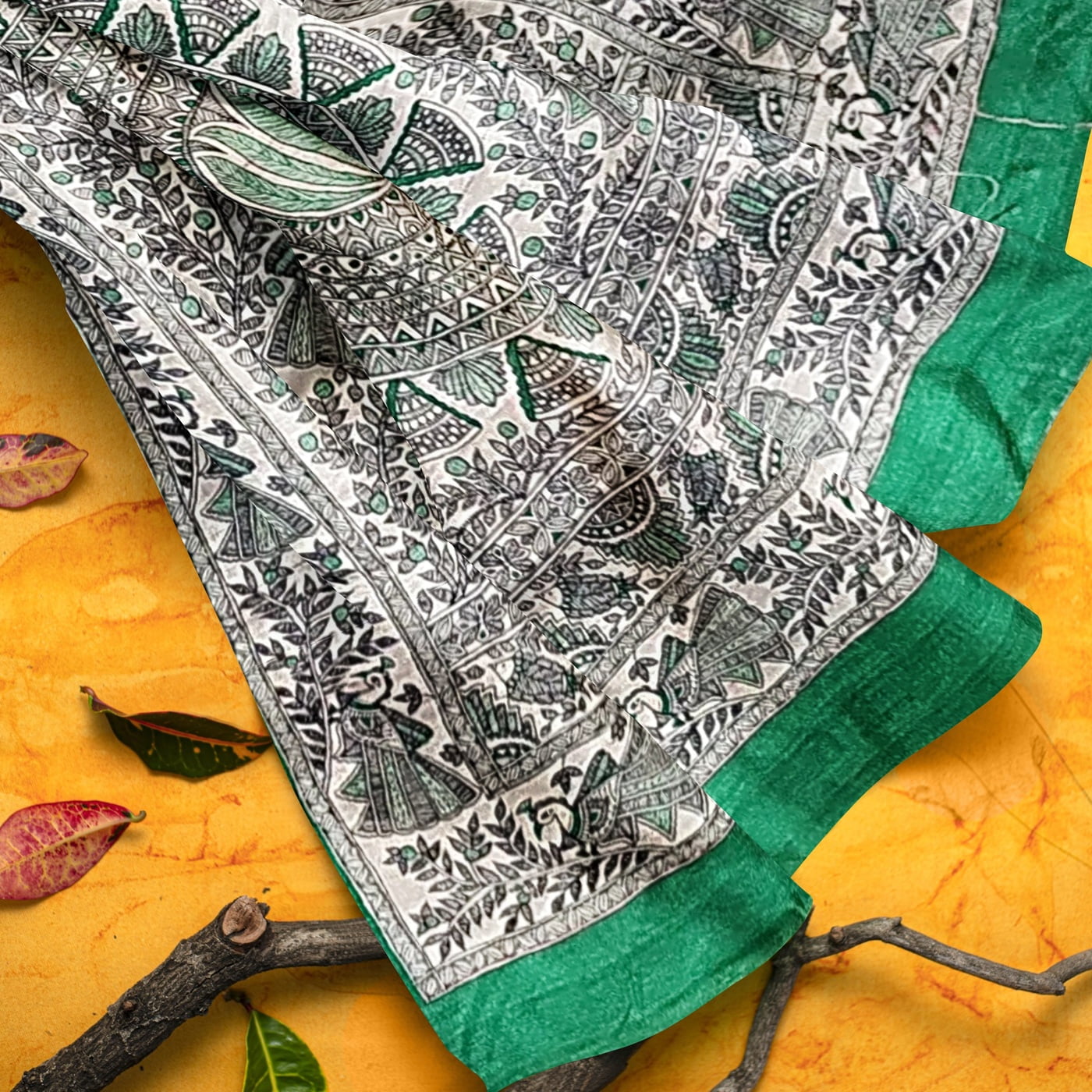 Ghicha Silk Handloom Tussar Green Madhubani witgh BP